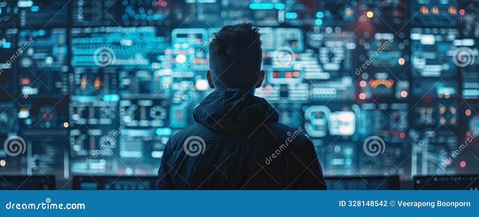 A Programmer Engrossed in Coding on a Futuristic Computer Interface Stock Illustration ...