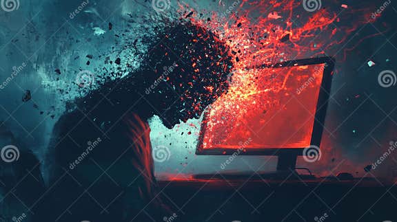 Programmer Exploding while Working with Computer and Red Monitor Light ...