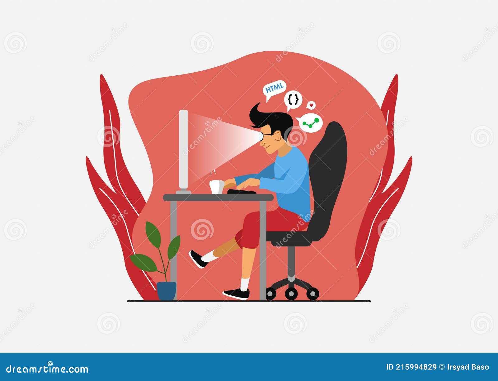 Programmer Focus Work Flat Illustration Stock Vector - Illustration of ...