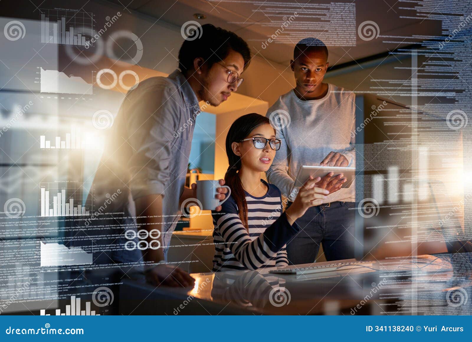 Programmer, Graphs and Dashboard Overlay at Night with Staff and Database Developer Team with ...