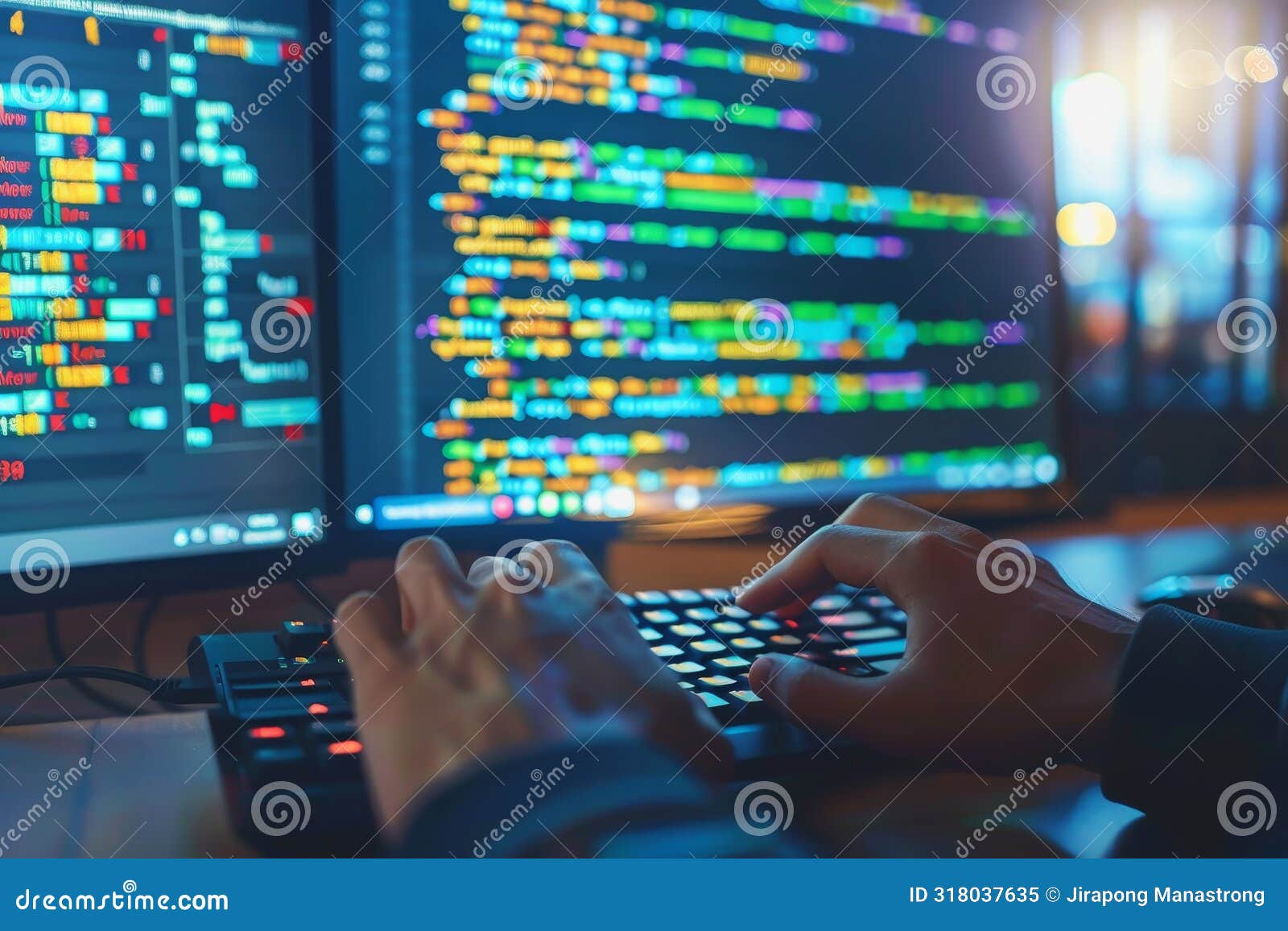 Programmer Is Hands On Keyboard Writing Source Code On Screen Monitor Showing Writing Code