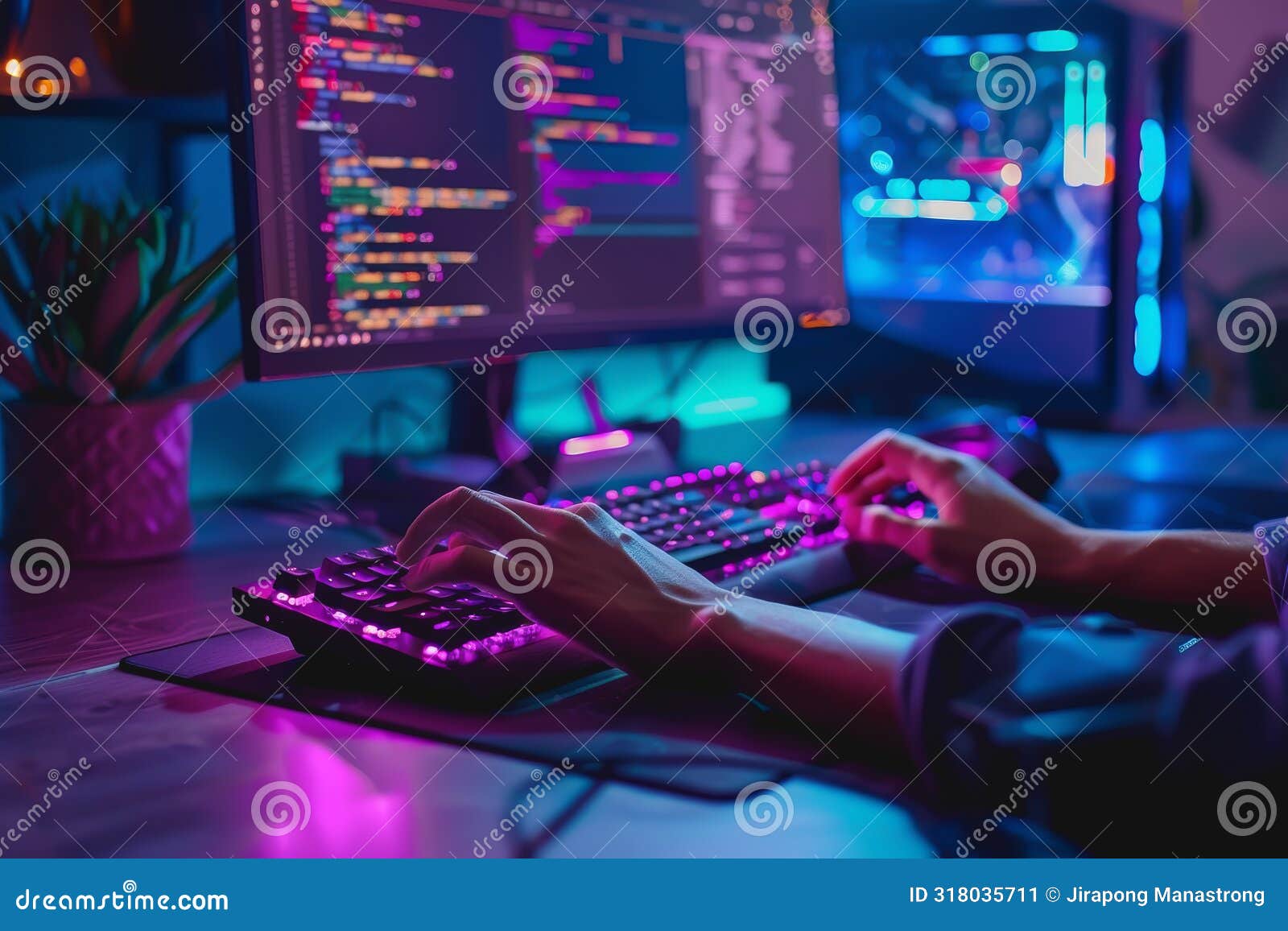 Programmer is Hands on Keyboard Writing Source Code, on Screen Monitor ...