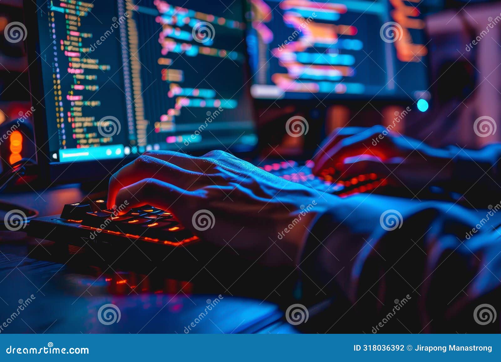 Programmer is Hands on Keyboard Writing Source Code, on Screen Monitor ...