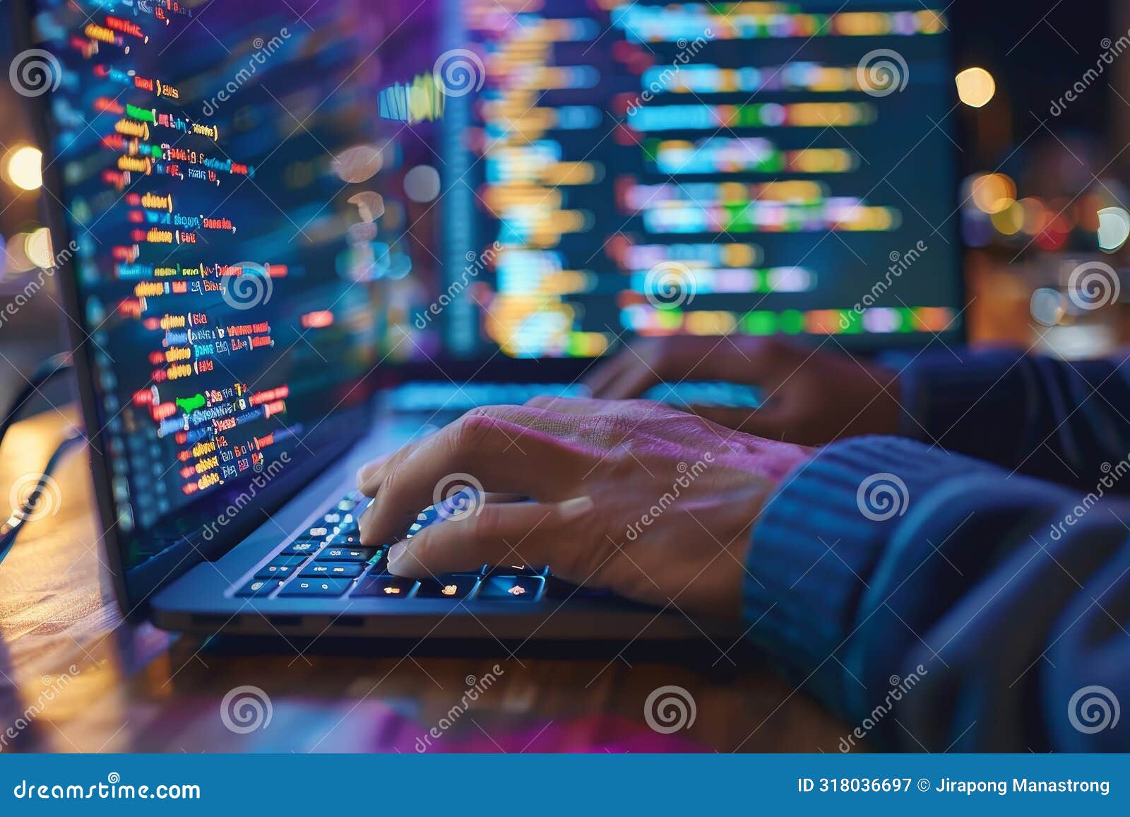 Programmer is Hands on Keyboard Writing Source Code, on Screen Monitor ...