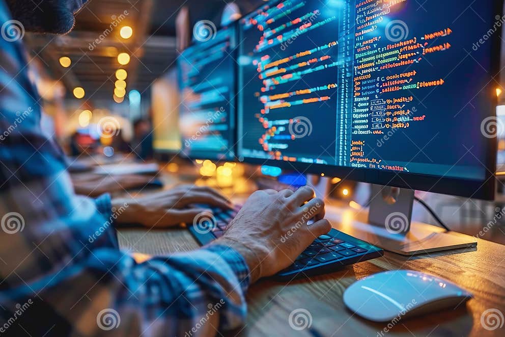 Programmer Is Hands On Keyboard Writing Source Code On Screen Monitor 8313