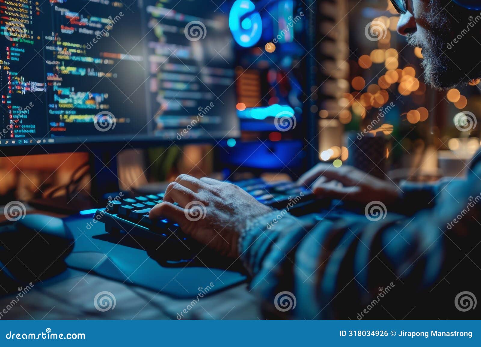 Programmer Is Hands On Keyboard Writing Source Code On Screen Monitor Showing Writing Code 7959