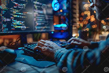 Programmer is Hands on Keyboard Writing Source Code, on Screen Monitor ...