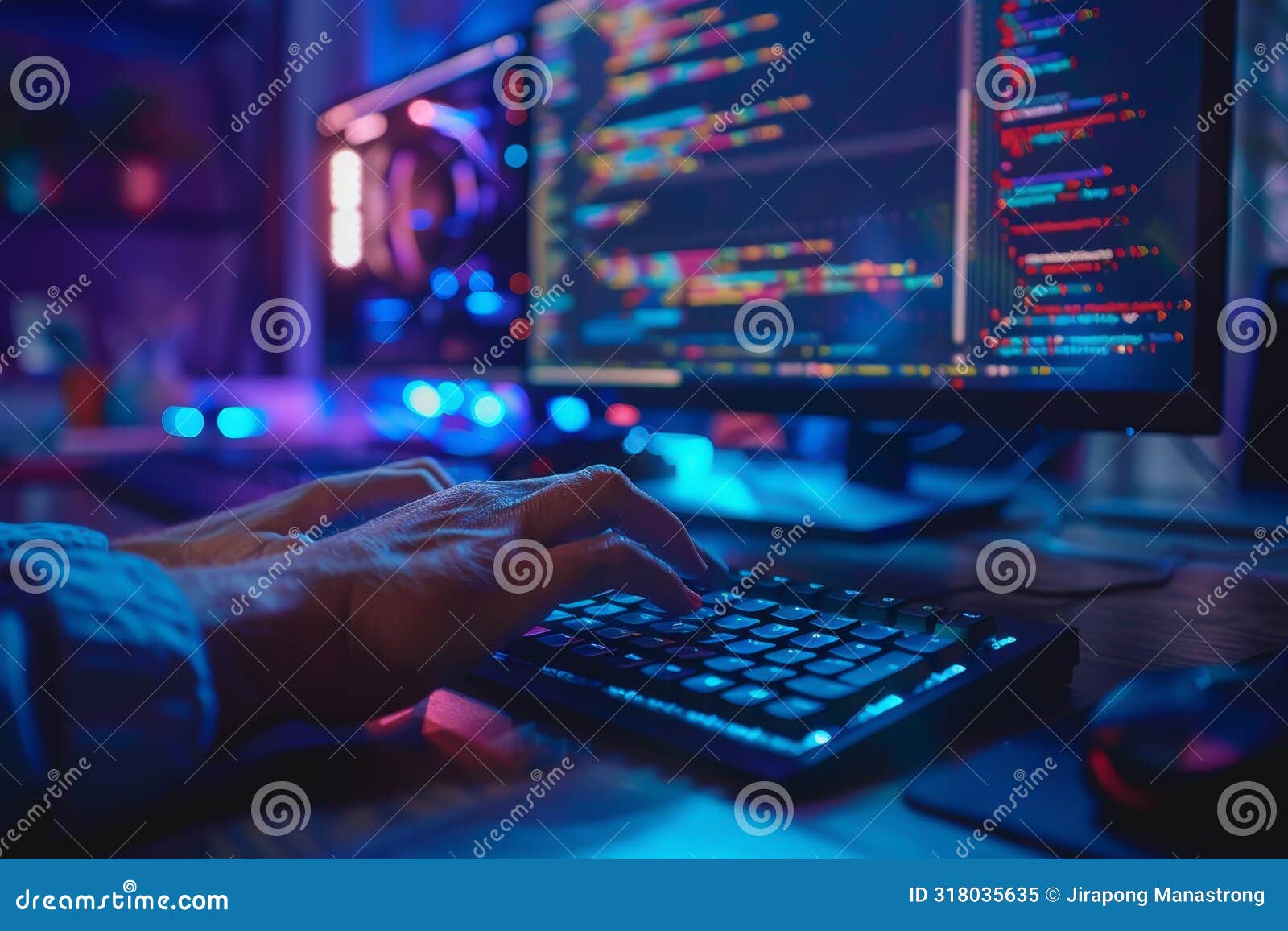 Programmer Is Hands On Keyboard Writing Source Code On Screen Monitor Showing Writing Code
