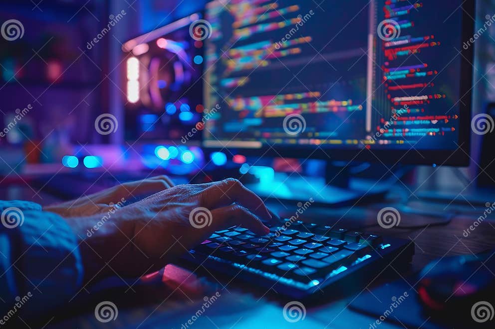 Programmer is Hands on Keyboard Writing Source Code, on Screen Monitor ...