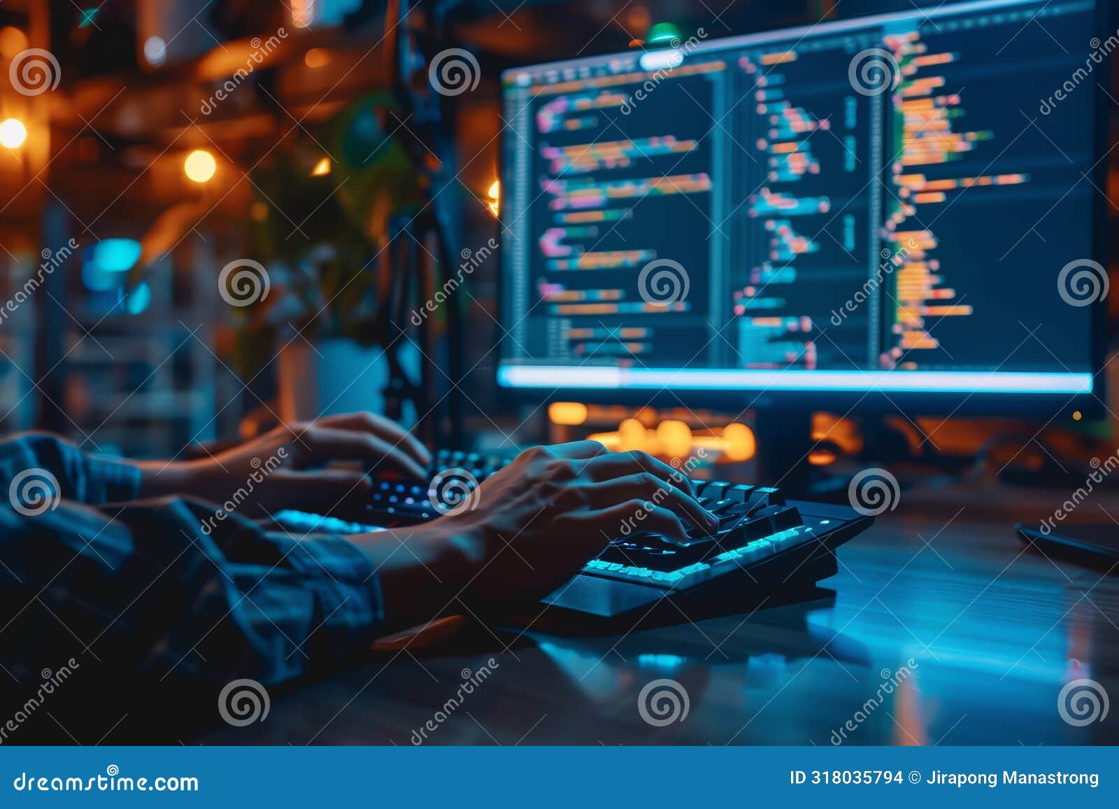 Programmer Is Hands On Keyboard Writing Source Code On Screen Monitor Showing Writing Code