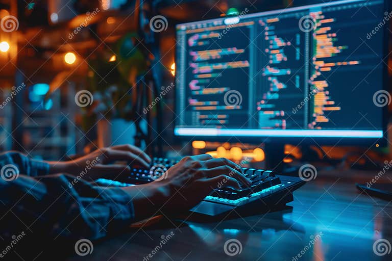 Programmer is Hands on Keyboard Writing Source Code, on Screen Monitor ...