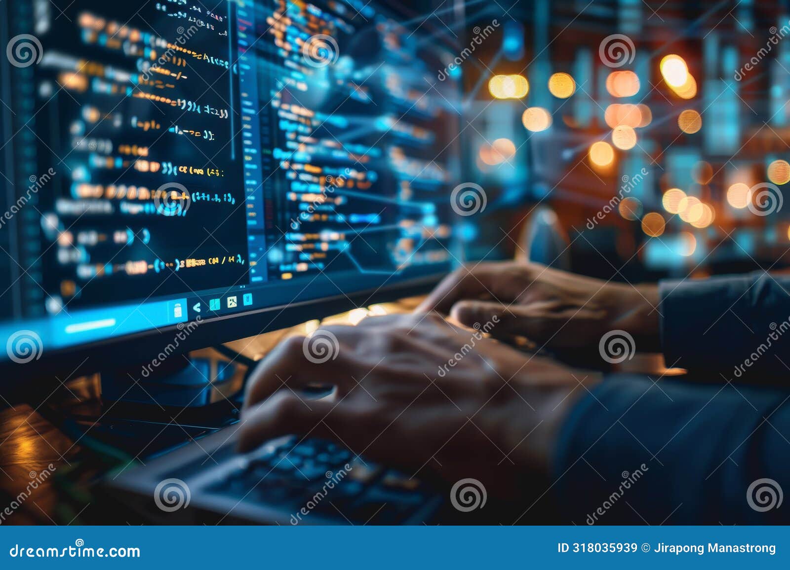 Programmer Is Hands On Keyboard Writing Source Code On Screen Monitor