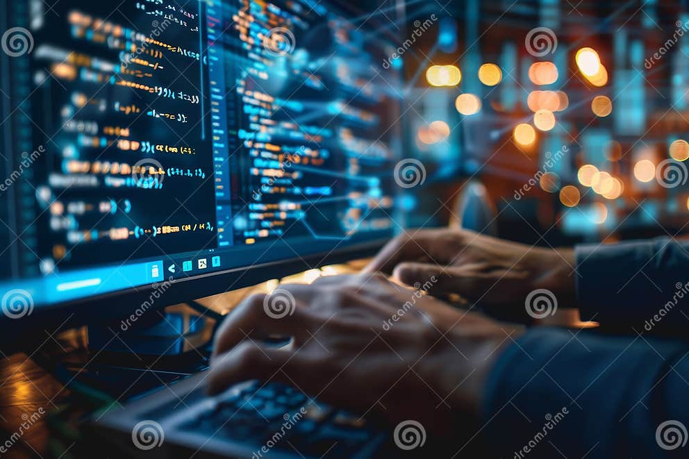 Programmer is Hands on Keyboard Writing Source Code, on Screen Monitor ...