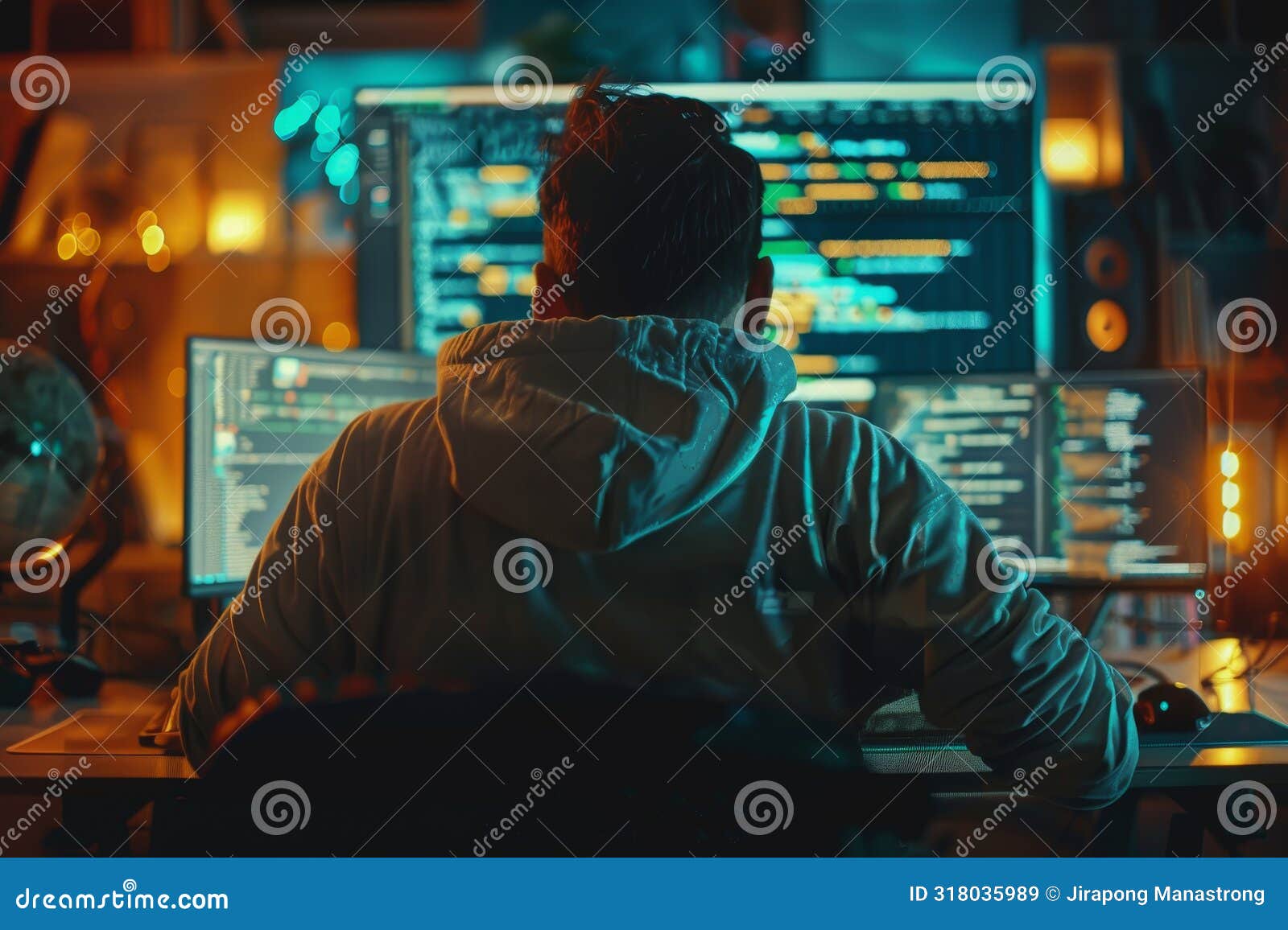 Programmer is Hands on Keyboard Writing Source Code, on Screen Monitor ...