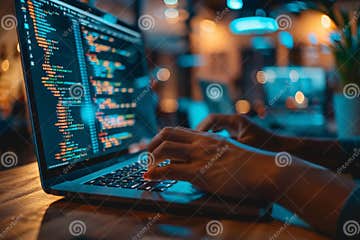 Programmer is Hands on Keyboard Writing Source Code, on Screen Monitor ...