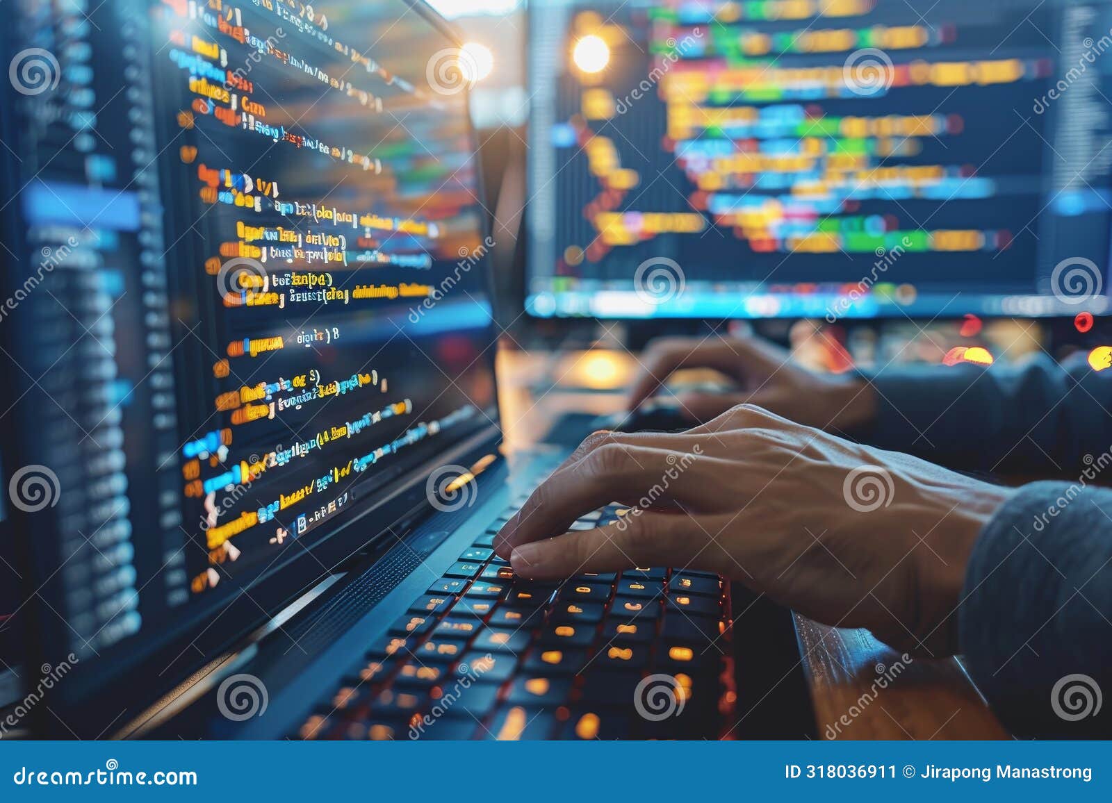 Programmer Is Hands On Keyboard Writing Source Code On Screen Monitor Showing Writing Code 3190