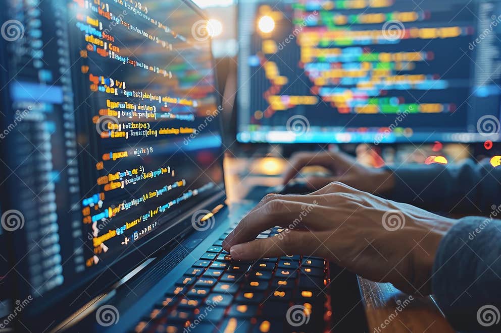 Programmer is Hands on Keyboard Writing Source Code, on Screen Monitor ...