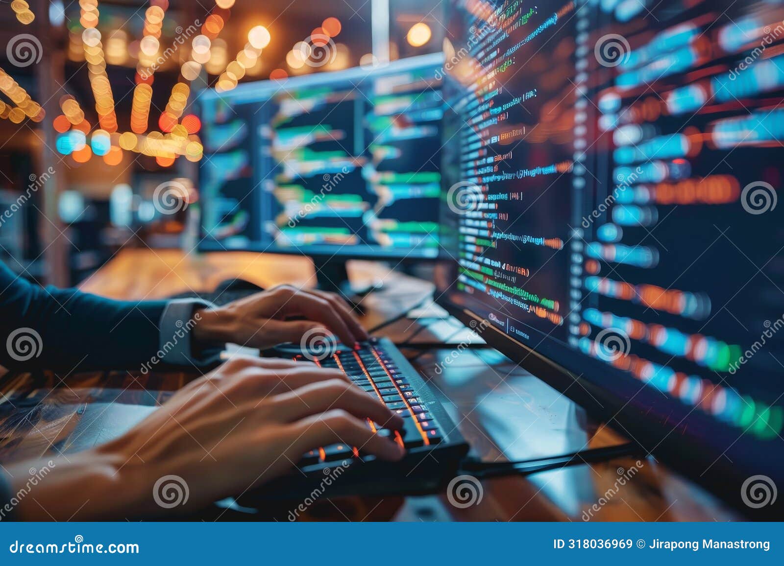 Programmer Is Hands On Keyboard Writing Source Code On Screen Monitor Showing Writing Code 7432