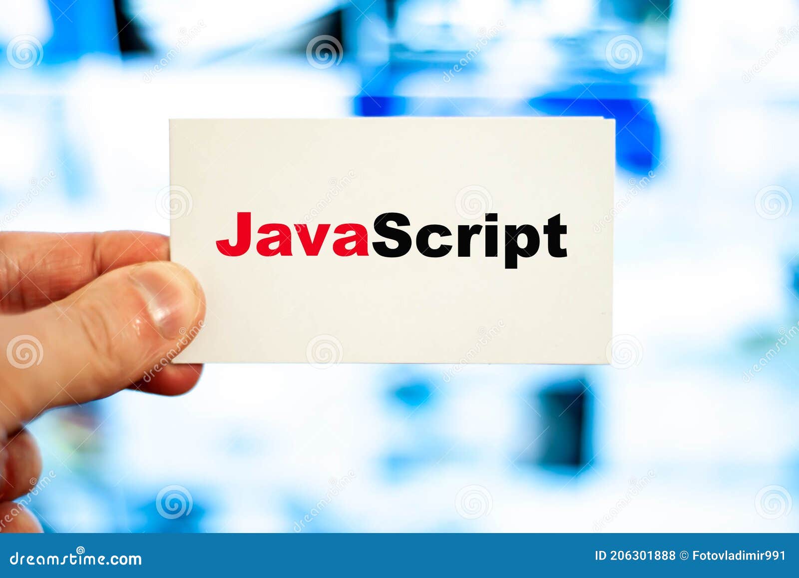 Programmer Holding a Business Card with the Word Javascript Editorial ...