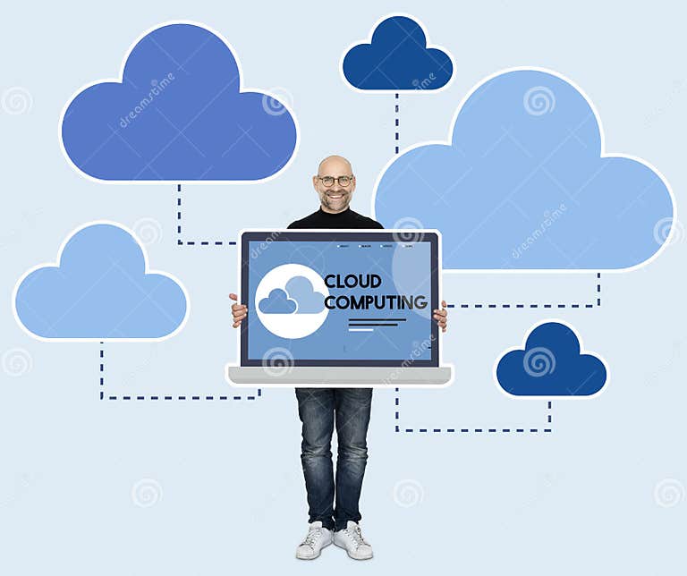 Programmer Holding a Laptop with Cloud Computing Stock Image - Image of blue, smile: 127199455