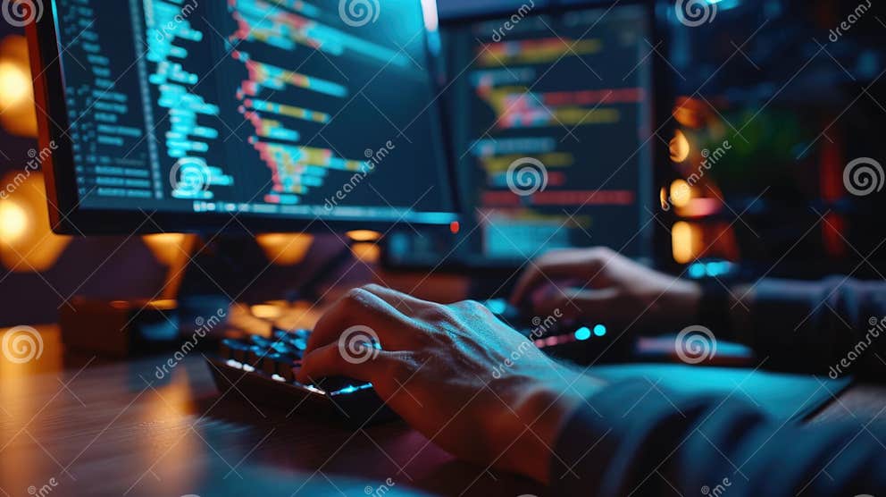 Programmer Immersed in Late Night Coding Session AIG41 Stock Photo ...