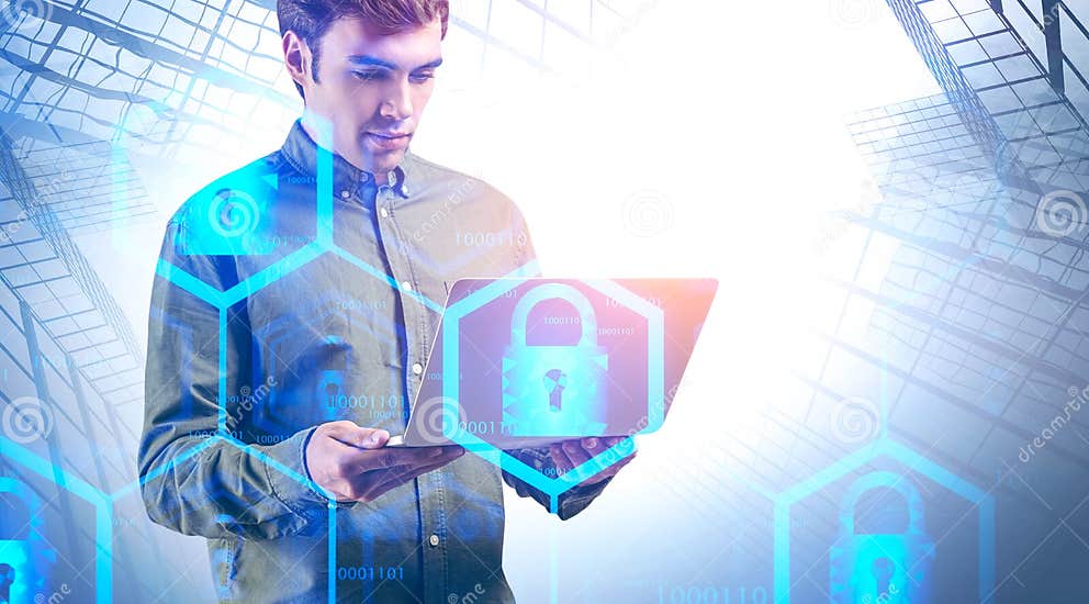 Programmer with Laptop, Cyber Security GUI Stock Photo - Image of ...