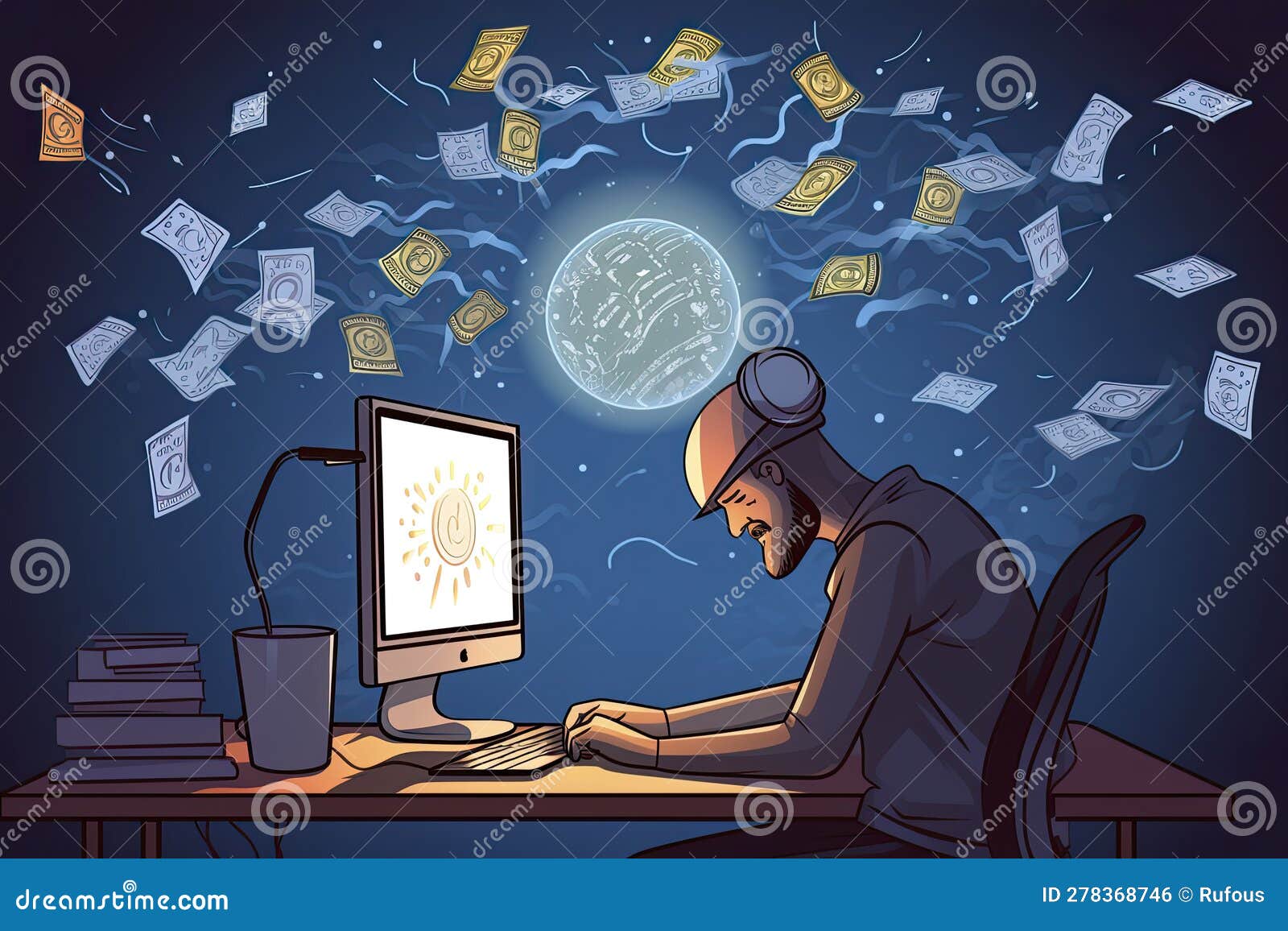 Programmer with Light Bulb for a Head Stares at His Computer Where an ...