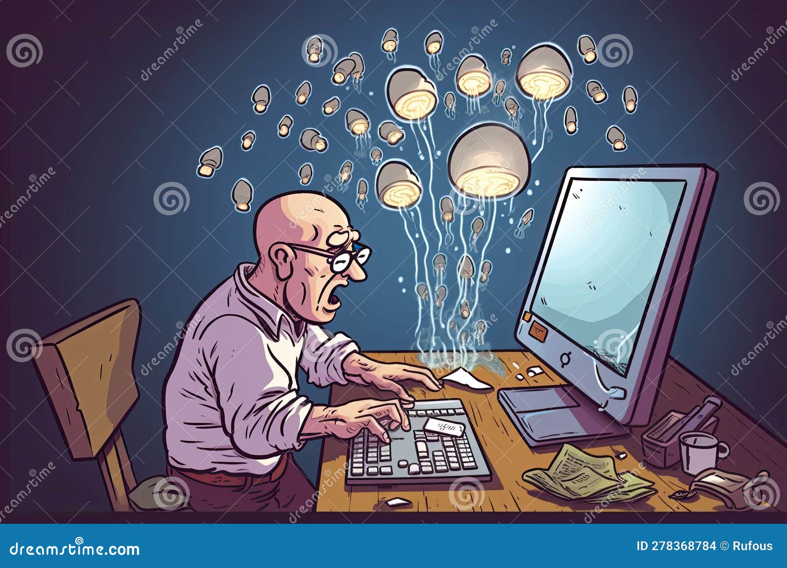 Programmer with Light Bulb for a Head Stares at His Computer Where an ...