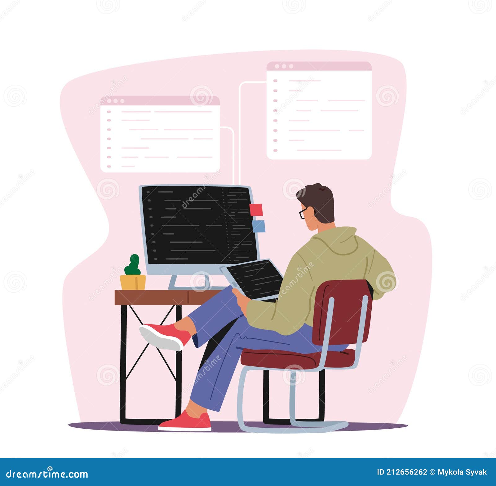 Programmer Male Character Working on Computer and Tablet Pc Coding ...