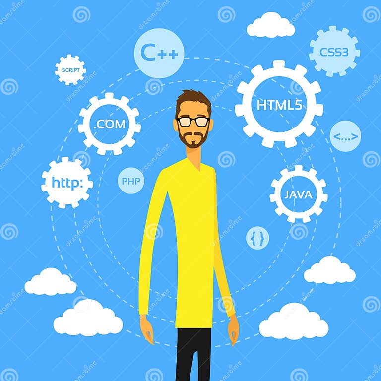 Programmer Man Computer Geek Coder Flat Vector Stock Vector ...