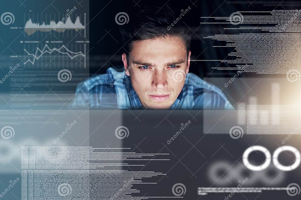 It, Programmer and Man with Hologram, Data Analysis or Digital Software with Security Analytics ...