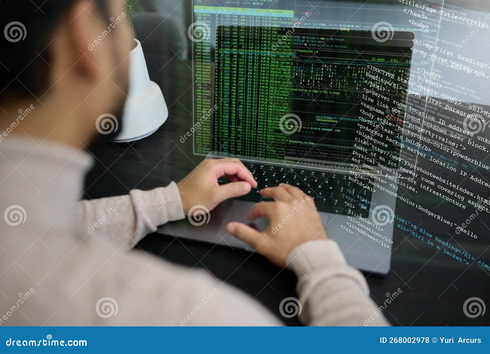 Programmer, Man and Laptop Coding on Hologram, Software Development or ...