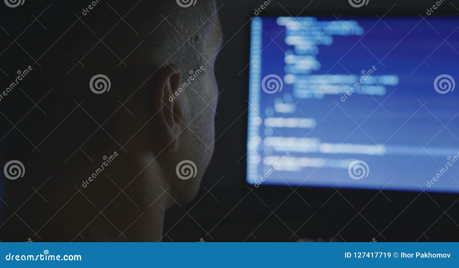 It Programmer Man Typing In Program Code Developer At Work Overtime