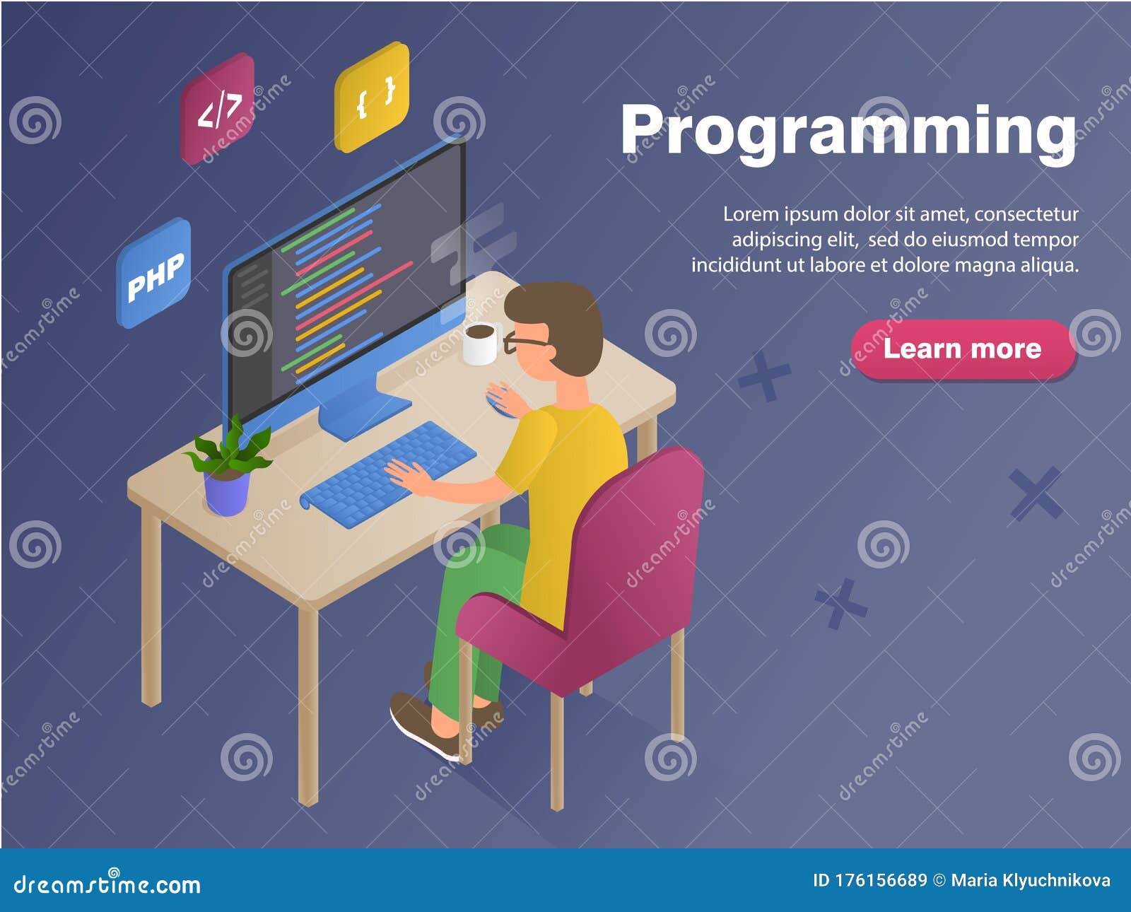 Programmer Man At Work Concept Banner Flat Isometric Vector