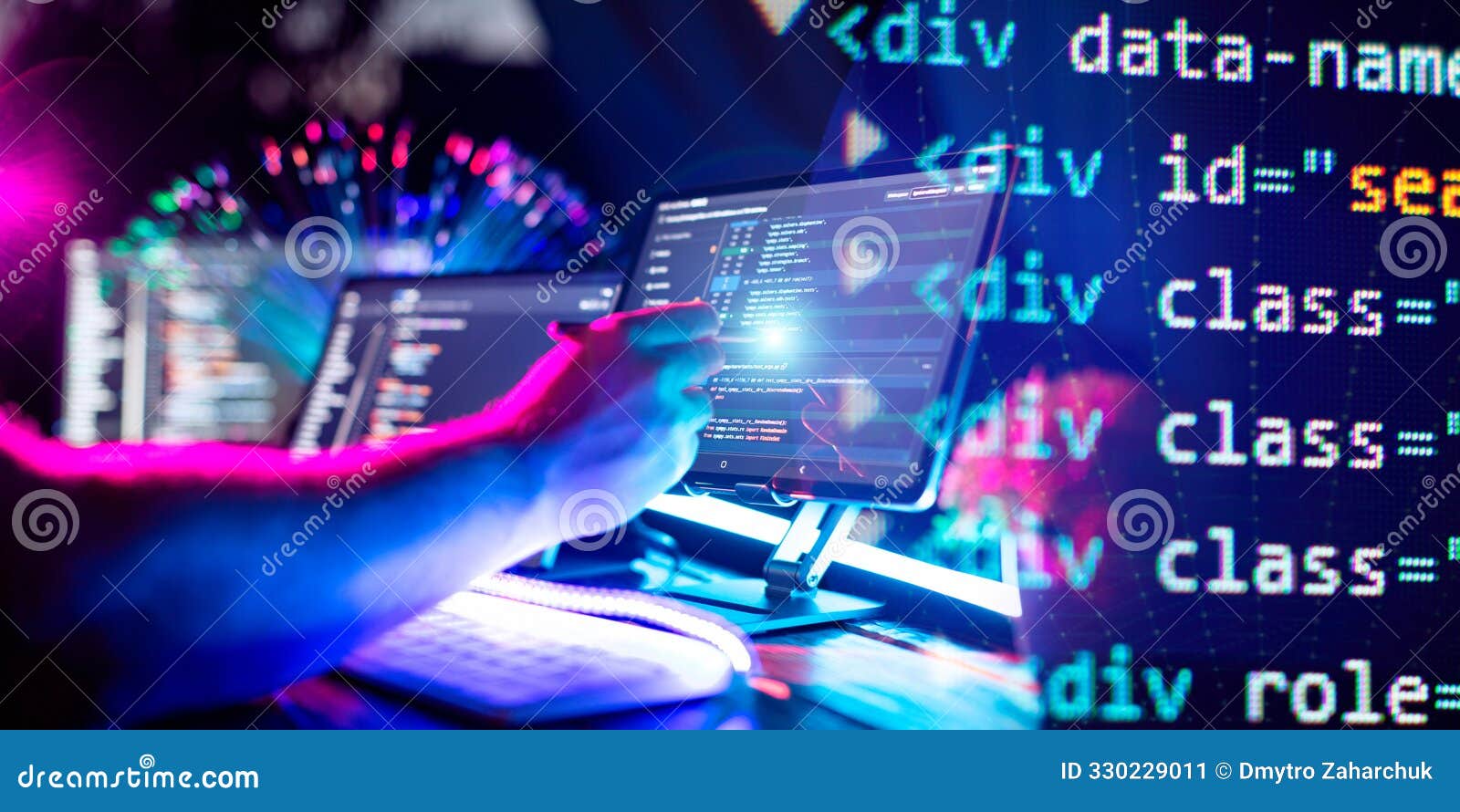 Programmer Manually Working With Program Code On A Computer At Night In A Data Center Stock
