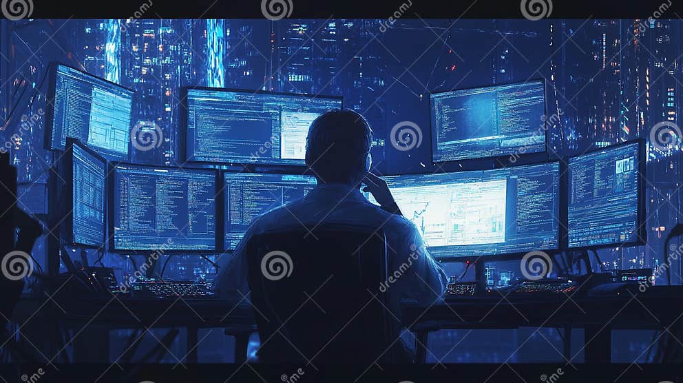 Programmer Night Cityscape Multiple Monitors Coding Software Developer Stock Image - Image of ...