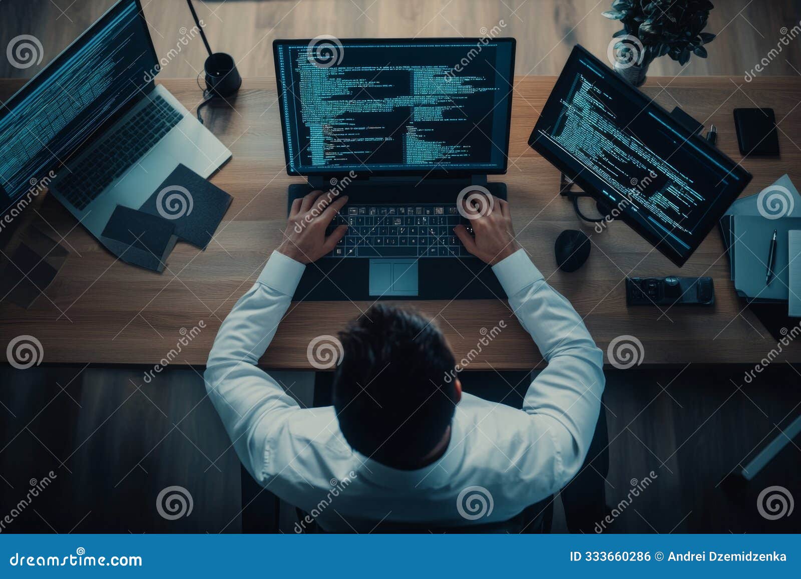 Programmer At Night Coding On A Mockup Laptop Screen For Networking