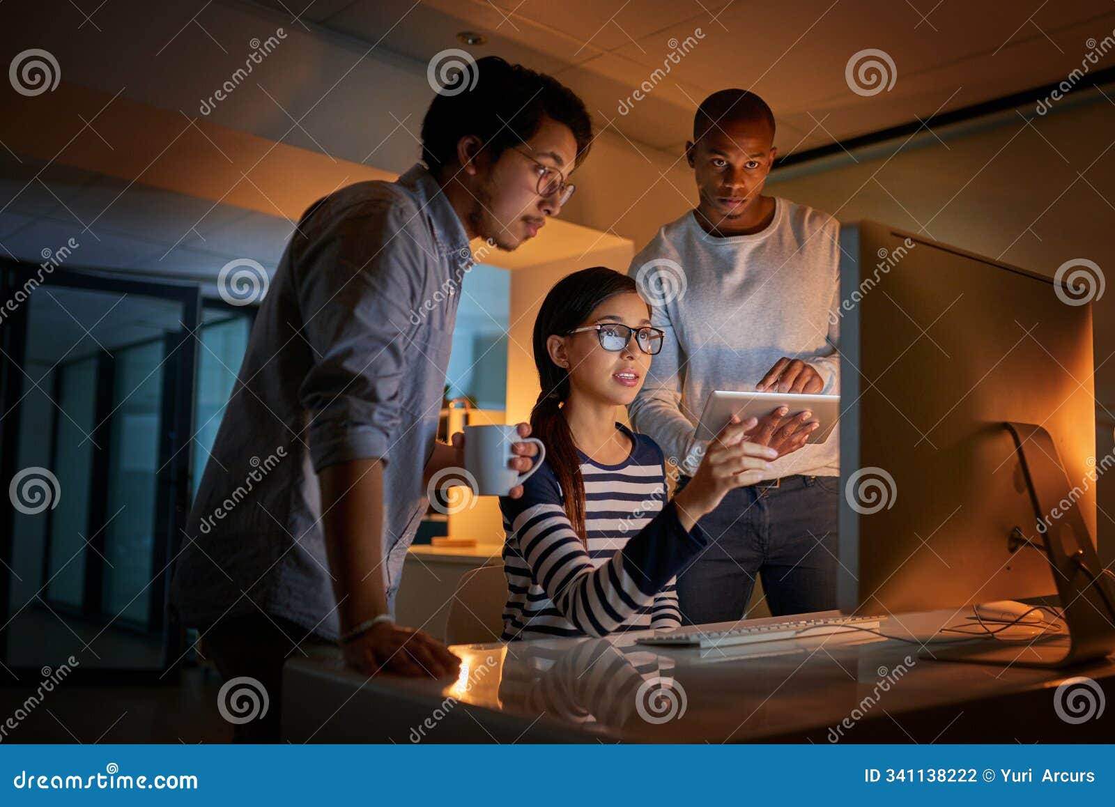 Programmer, Office and Computer at Night with Staff and Database ...