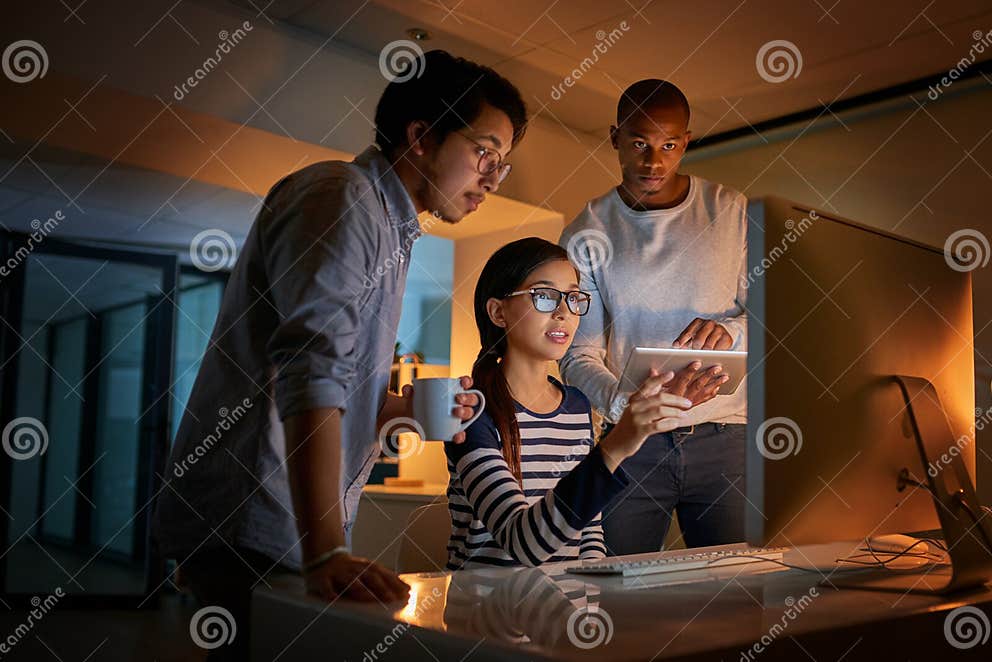 Programmer, Office and Computer at Night with Staff and Database ...