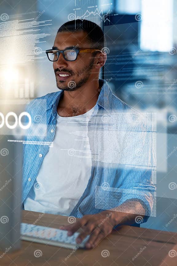 Programmer, Overlay and Happy Man on Computer for Coding, Website ...