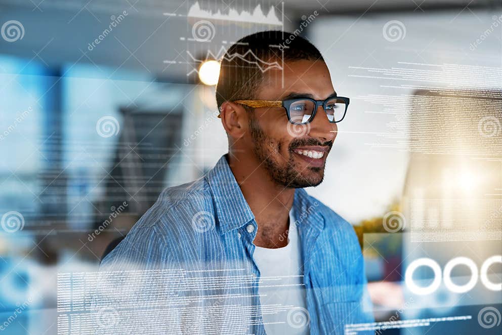 Programmer, Overlay and Happy Man on Computer for Programming, Website Development and Coding ...