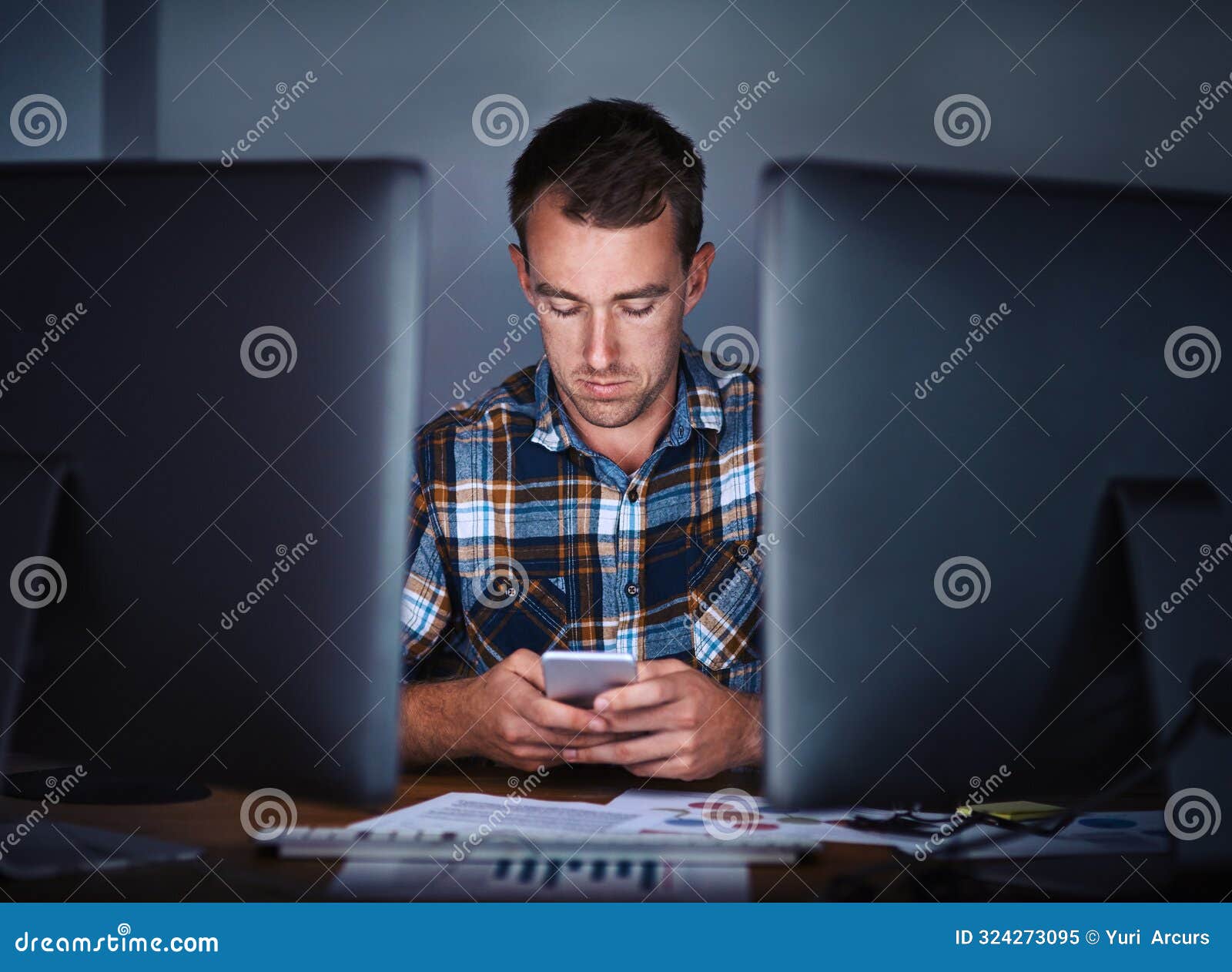 Programmer, Phone and Text of Business Man at Computer with Social ...