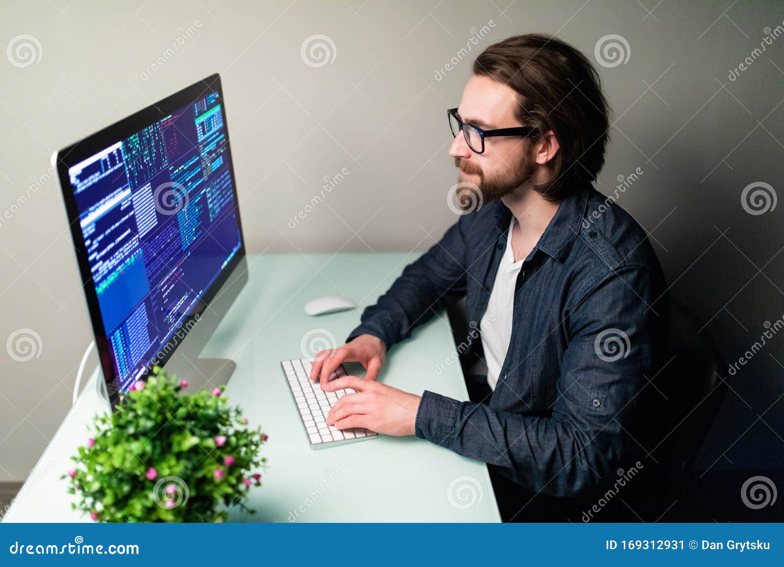 Programmer Profession Man Writing Programming Code on Laptop Computer ...