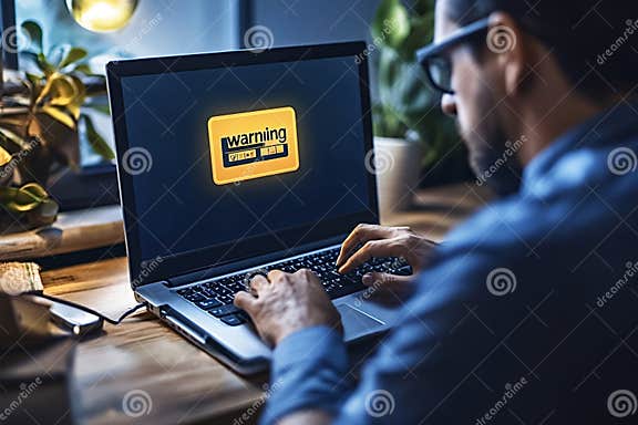 Programmer Receiving Warning Message on Laptop Screen while Working at Night Stock Image - Image ...
