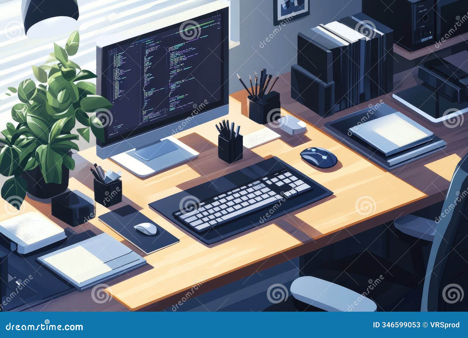 Programmer S Organized Workspace With Coding On Screen And Plants Stock Image Image Of
