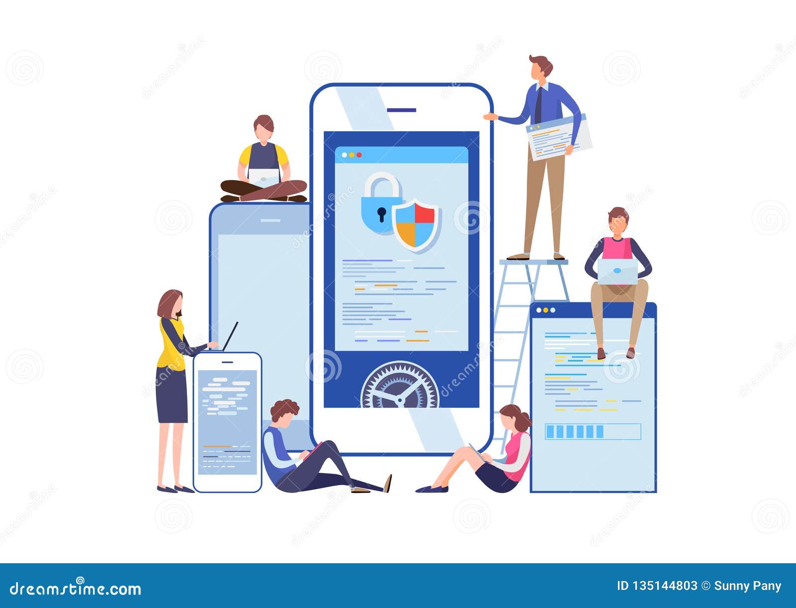 Programmer`s Working with Smartphone Application. Flat Cartoon ...