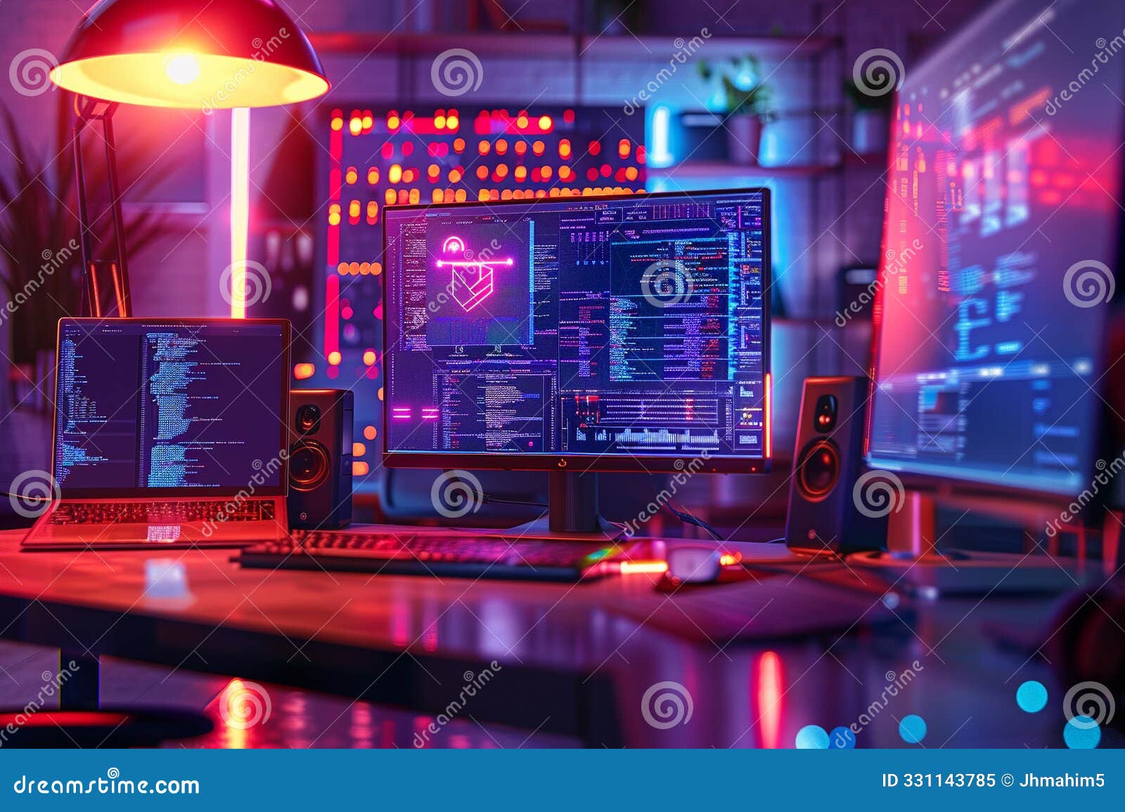 Programmers Workspace with Neon Lights Stock Illustration ...