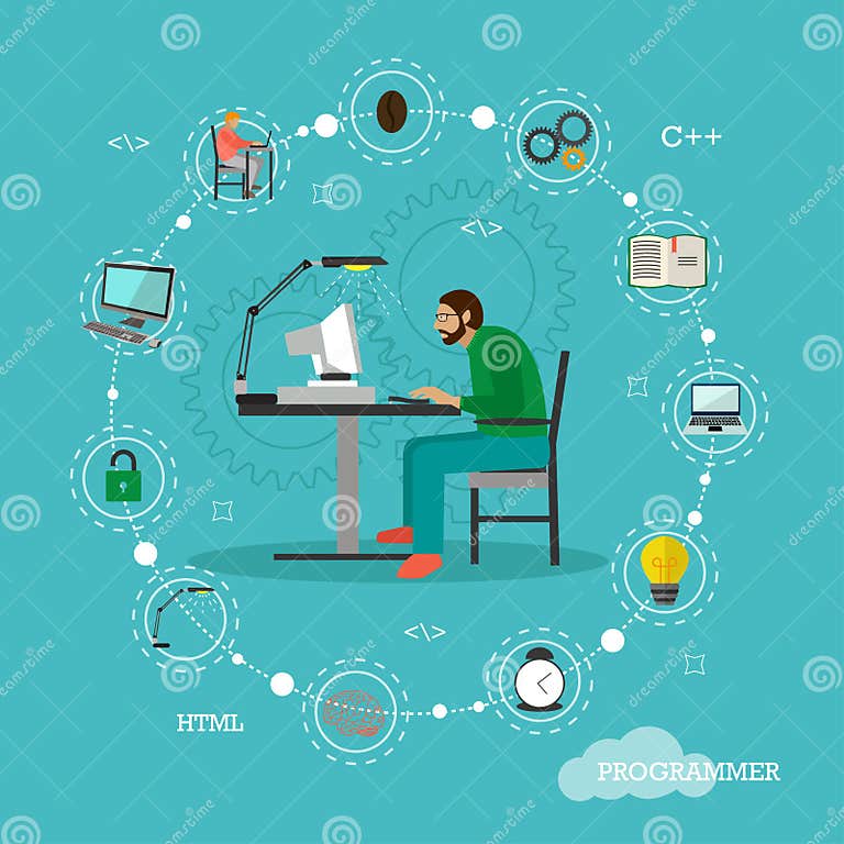 Programmer Sit on a Chair and Working with Computer. Stock Vector ...