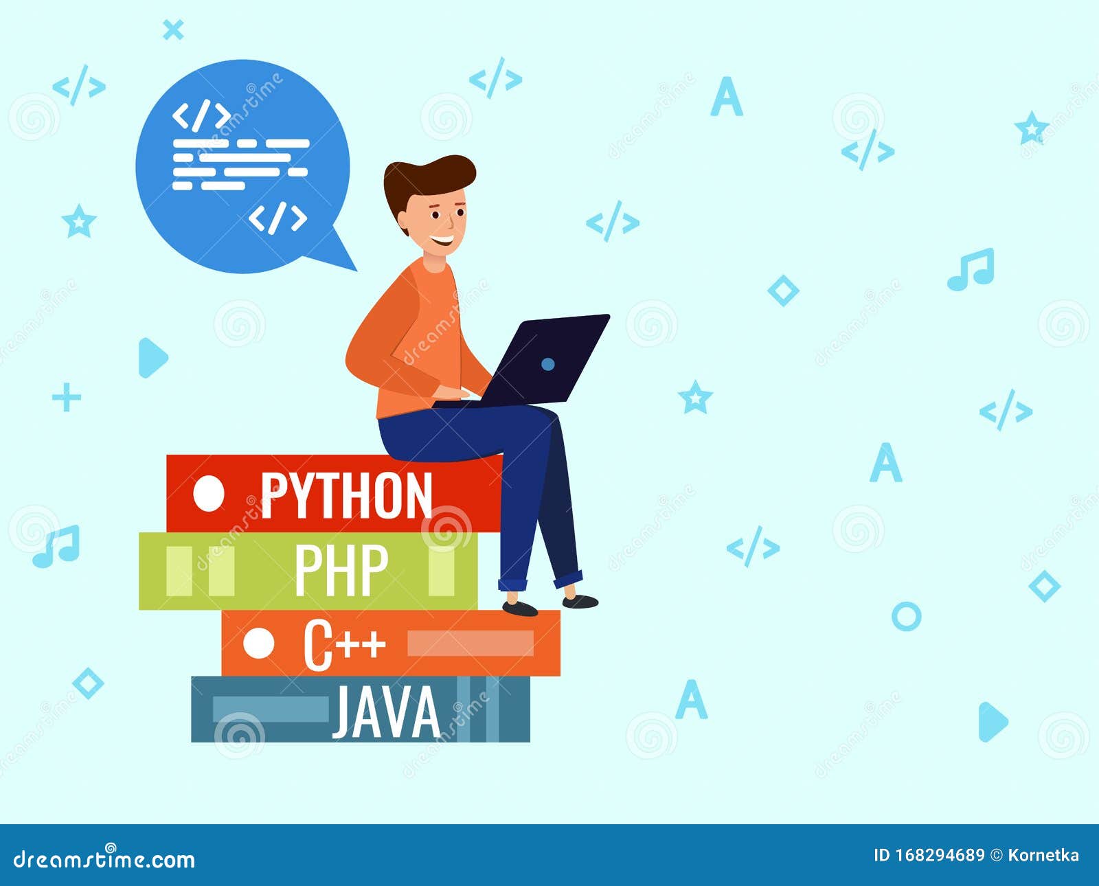 The Programmer Sits on a Stack of Books Thinking and Working Stock ...