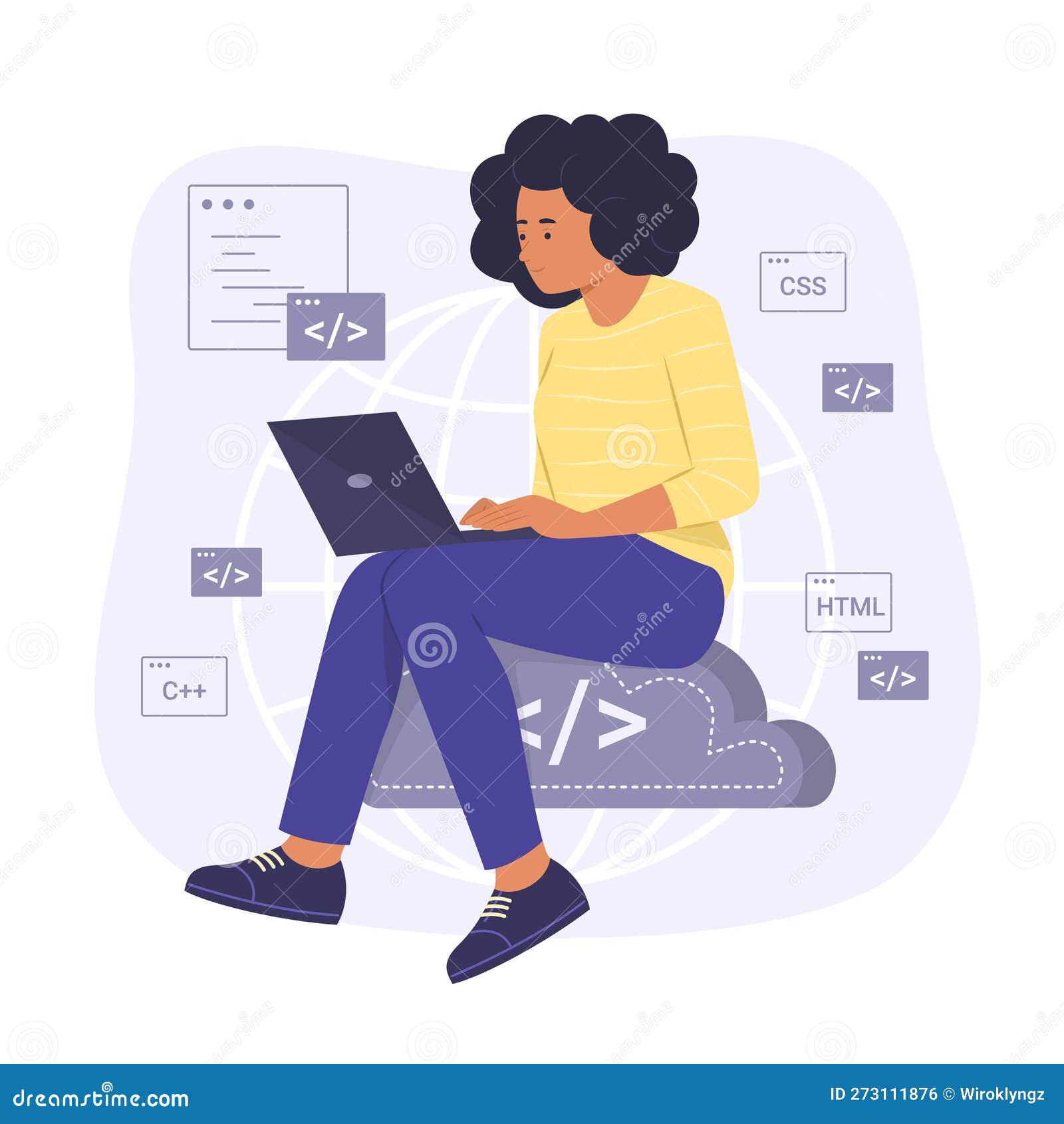 Programmer Sitting On Cloud Computing Symbol And Process Coding For Software Development Concept